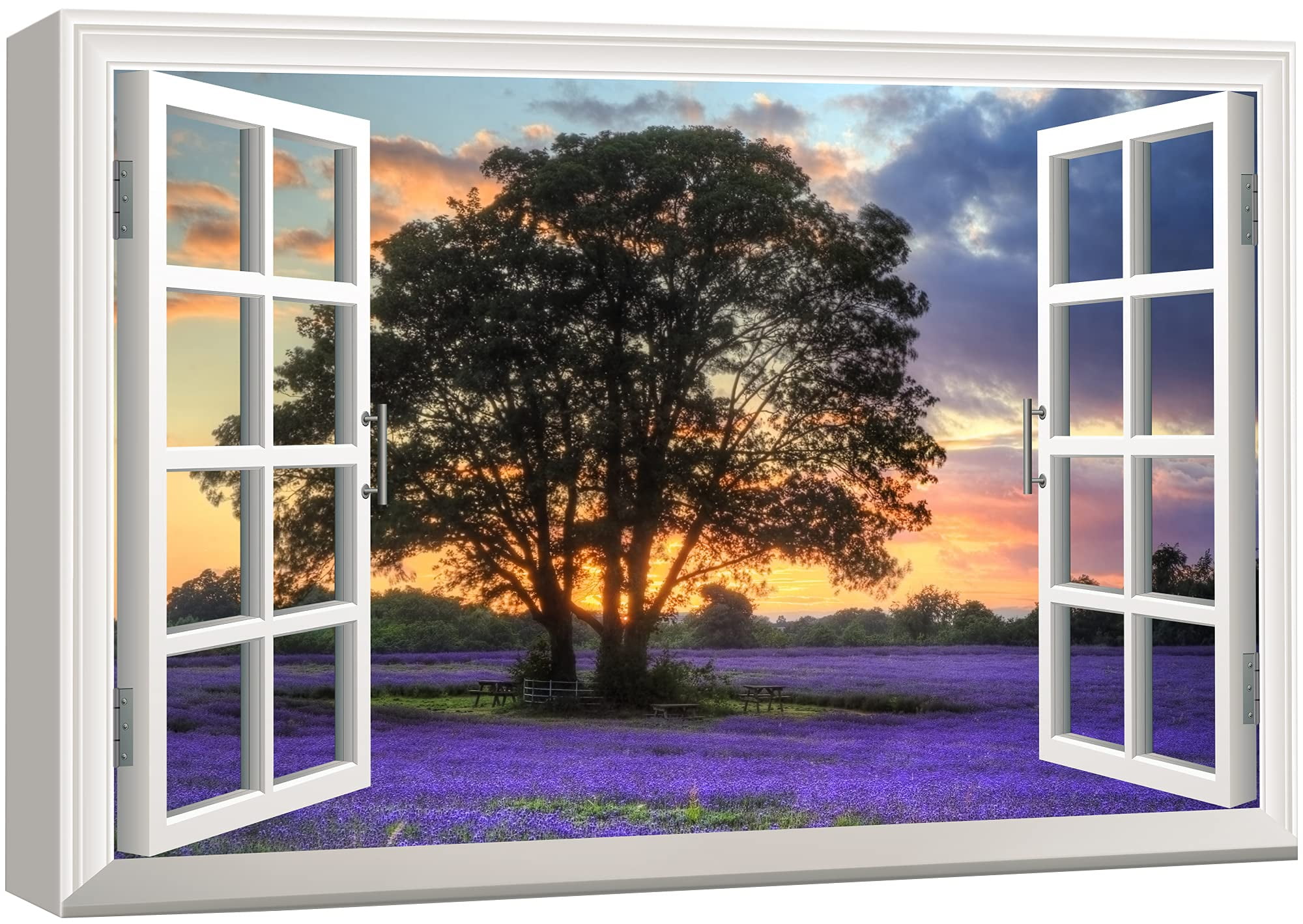 wall26 Canvas Print Wall Art Window View to Trees & Lavender Flowers ...