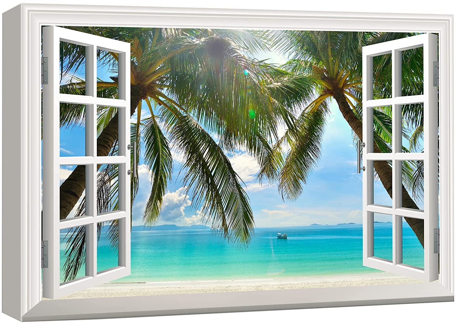 wall26 Canvas Print Wall Art Window View of Tropical Palm Trees & Beach ...