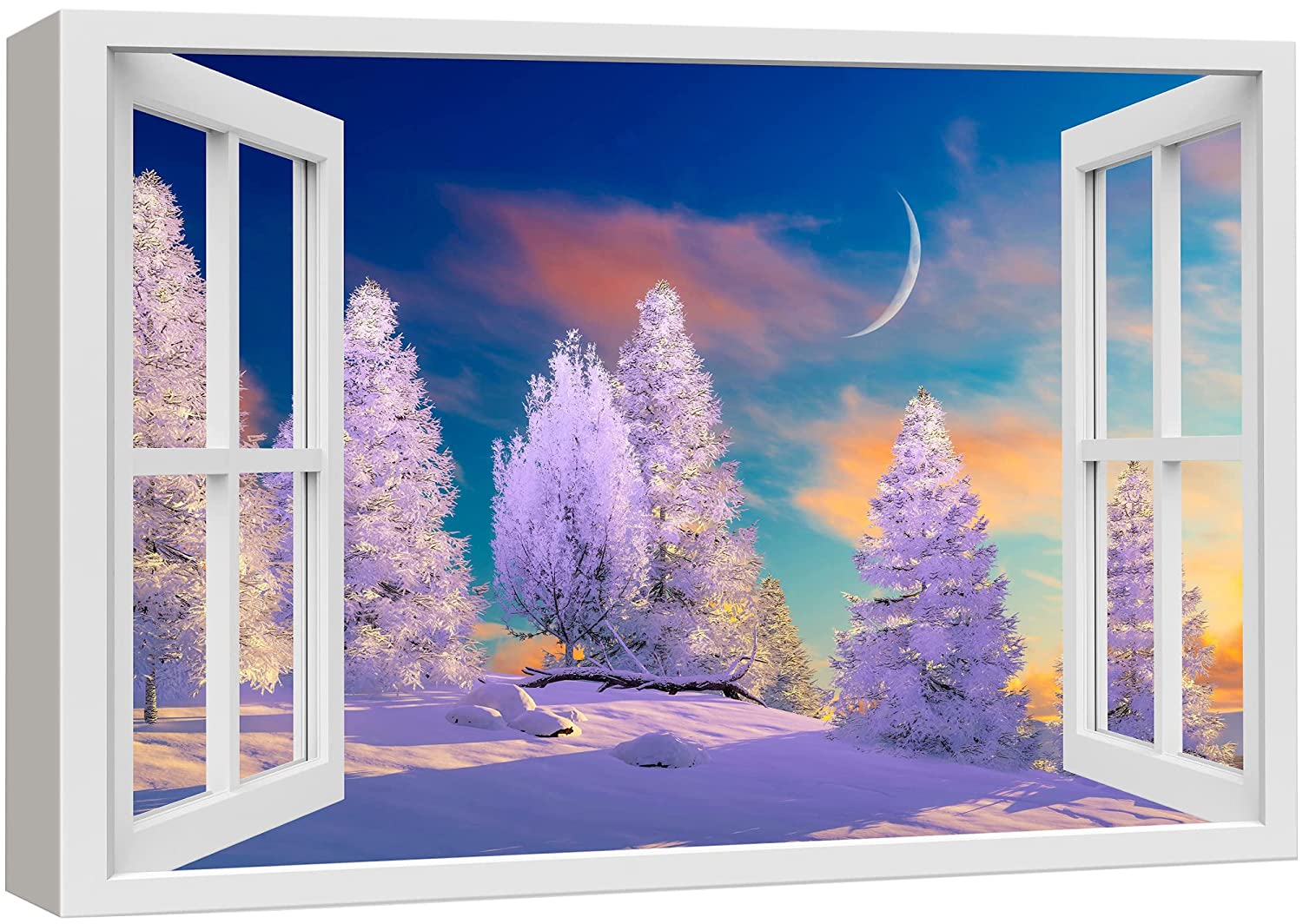 wall26 Canvas Print Wall Art Window View Vibrant Snowy Pine Tree Moon ...