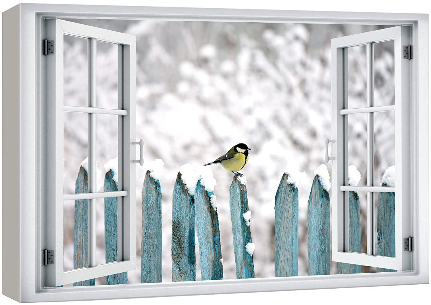 wall26 Canvas Print Wall Art Window View Winter Snow Forest Finch Bird ...
