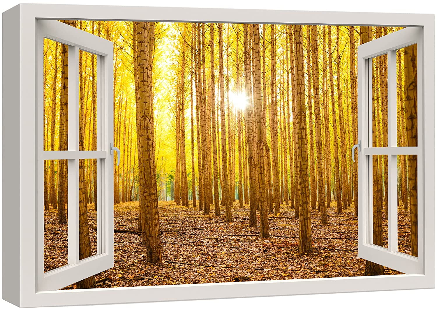 wall26 Canvas Print Wall Art Window View Yellow Leaf Tree Autumn Forest ...