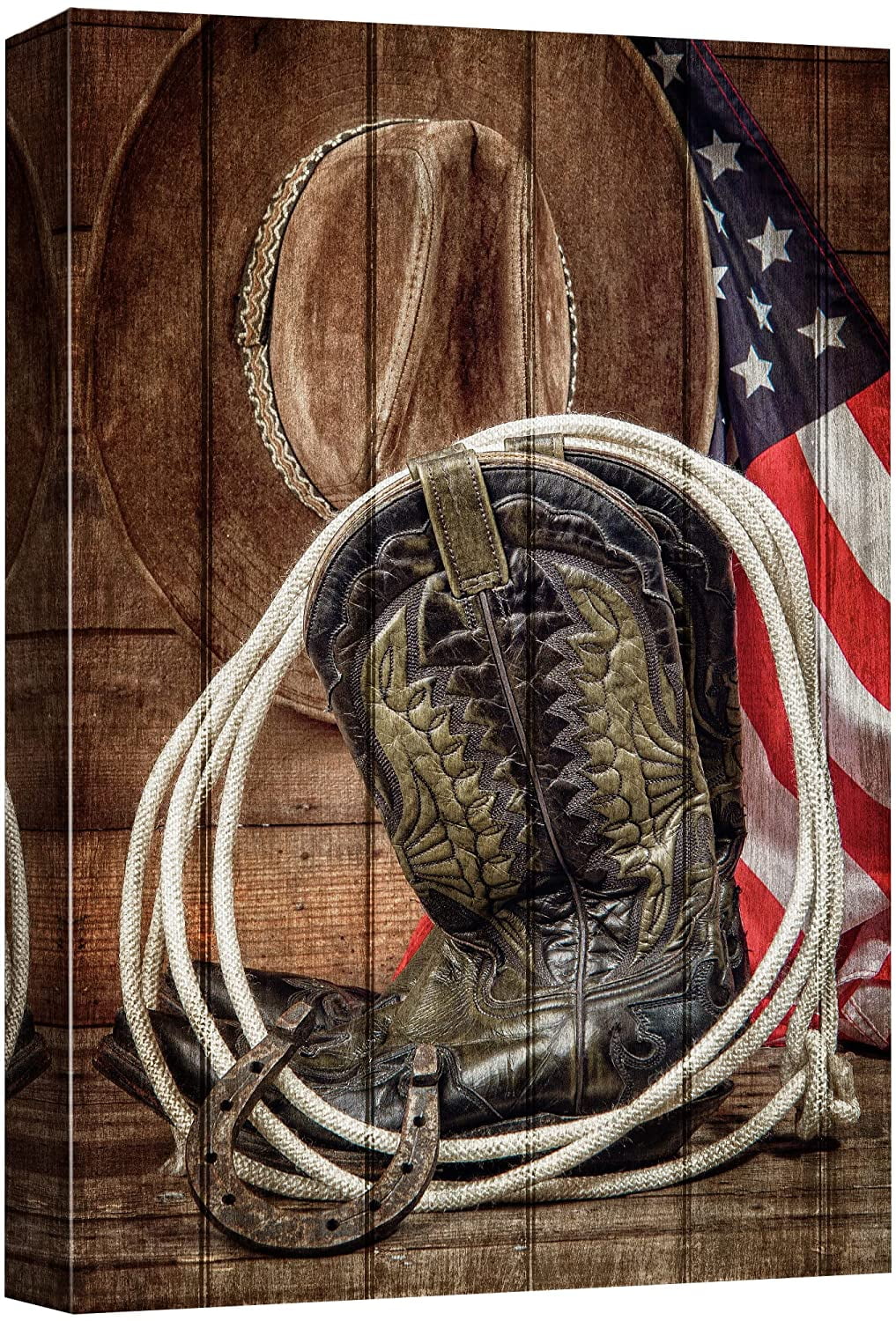 wall26 Canvas Print Wall Art Wood Panel Cowboy Boot Horse Lasso Nature ...