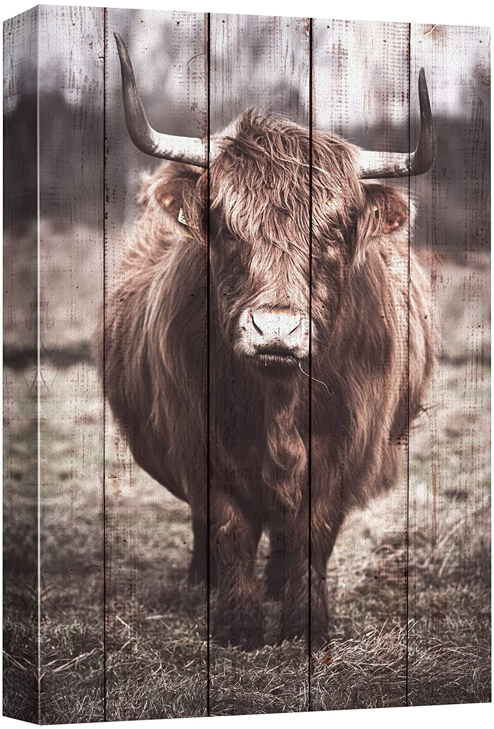 wall26 Canvas Print Wall Art Wood Panel Mountain Field Bison Buffalo ...