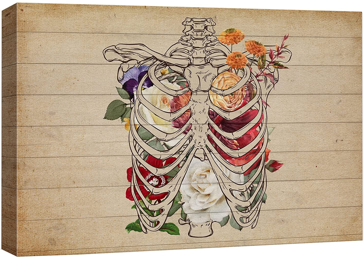 wall26 Canvas Print Wall Art Wood Panel Skeleton Blooming Flowers ...