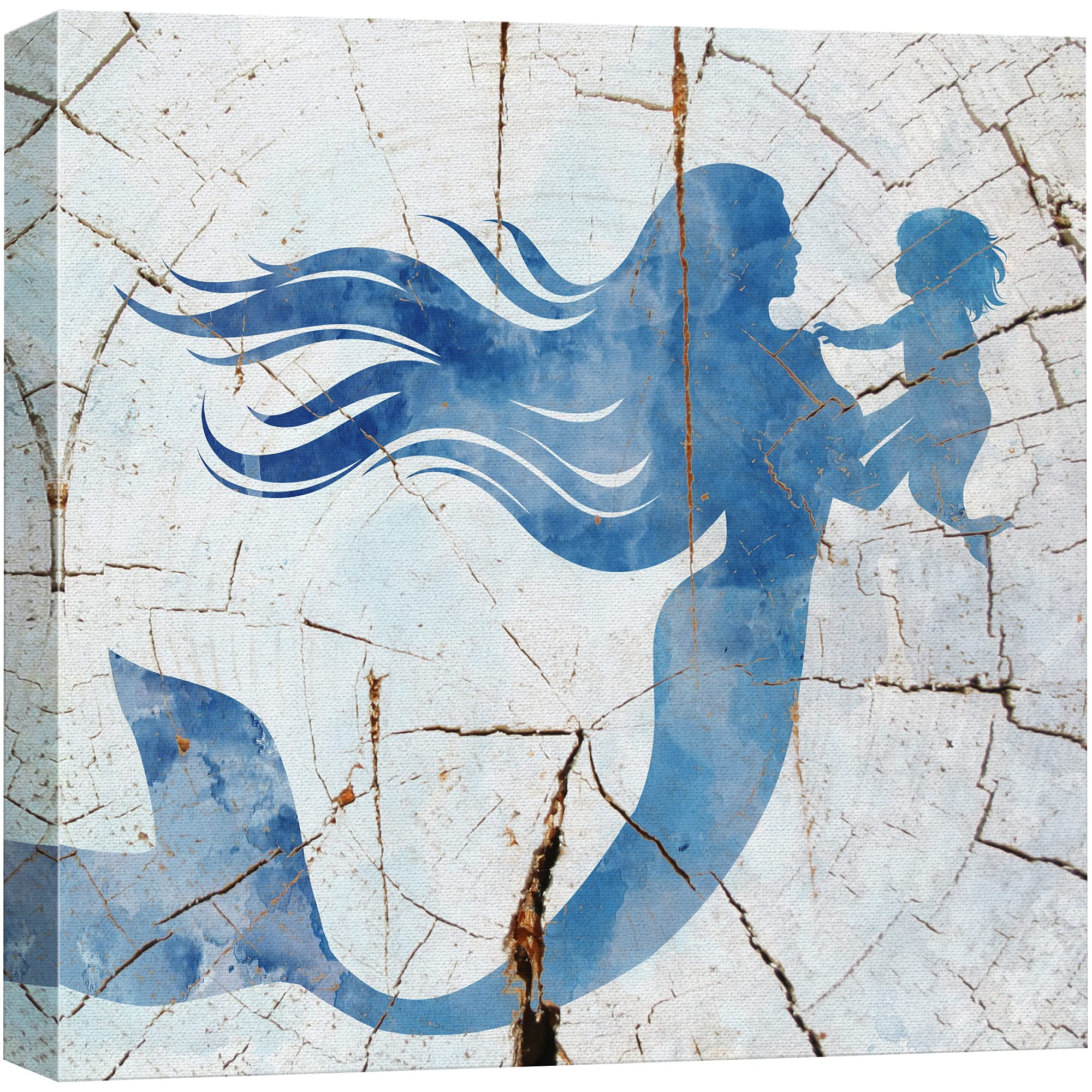 wall26 Canvas Print Wall Art Wood Ring Effect Blue Mermaid Silhouette ...