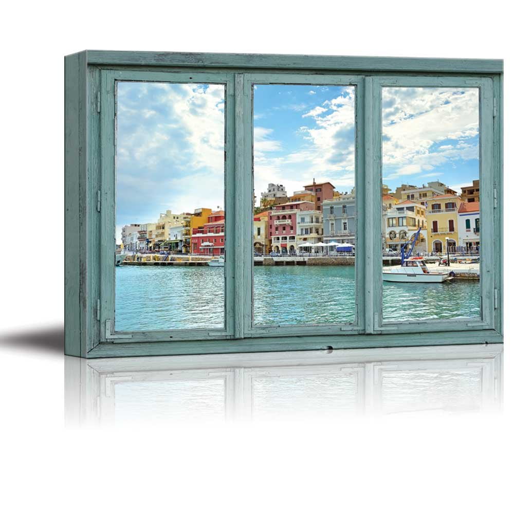 wall26 - Canvas Wall Art - 3 Frame Window Looking into a Colorful City ...