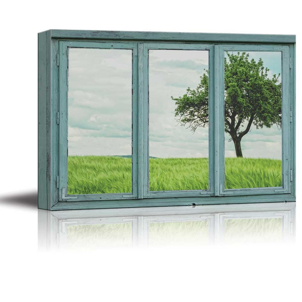 wall26 - Canvas Wall Art - 3 Frame Window Overlooking a Green Field ...