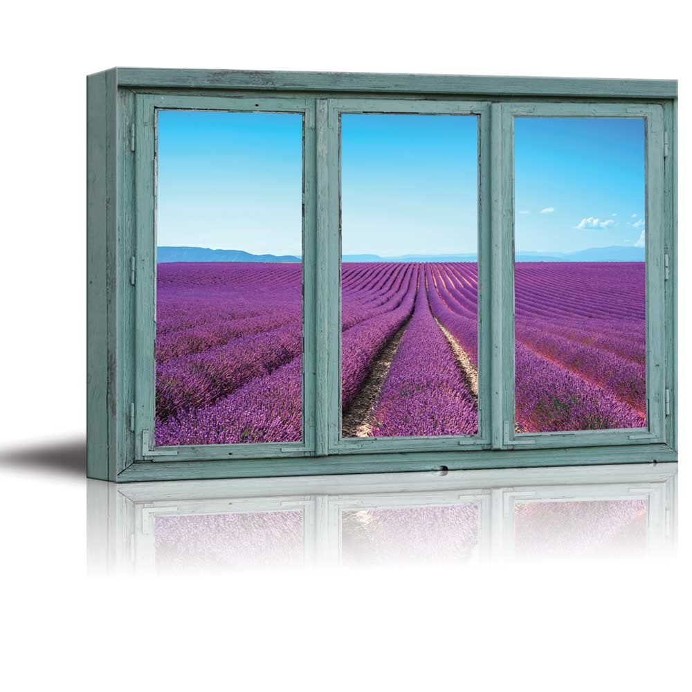 wall26 - Canvas Wall Art - 3 Frame Window Overlooking Rows of Purple ...