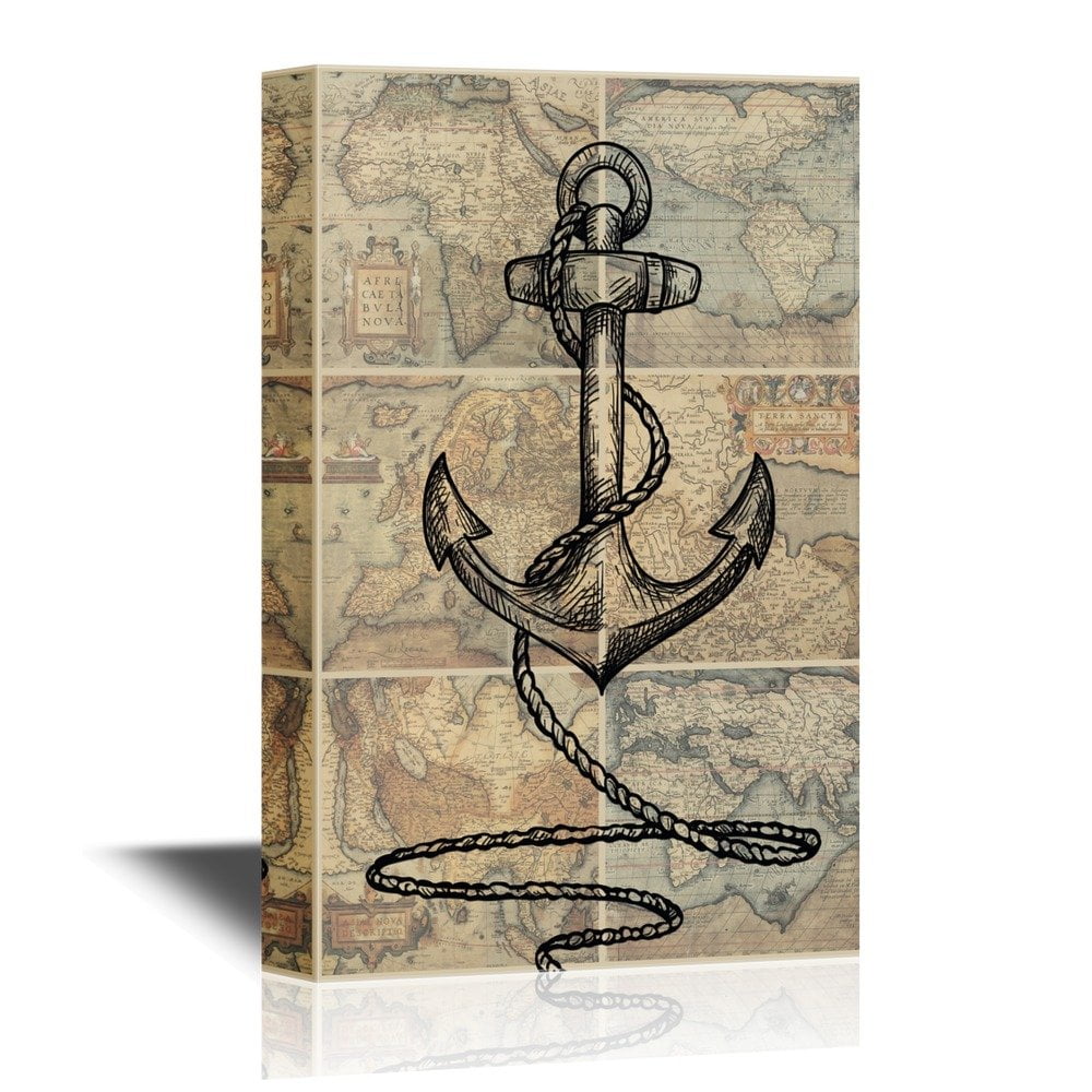 wall26 - Canvas Wall Art - Anchor with Rope on Vinage World Map ...