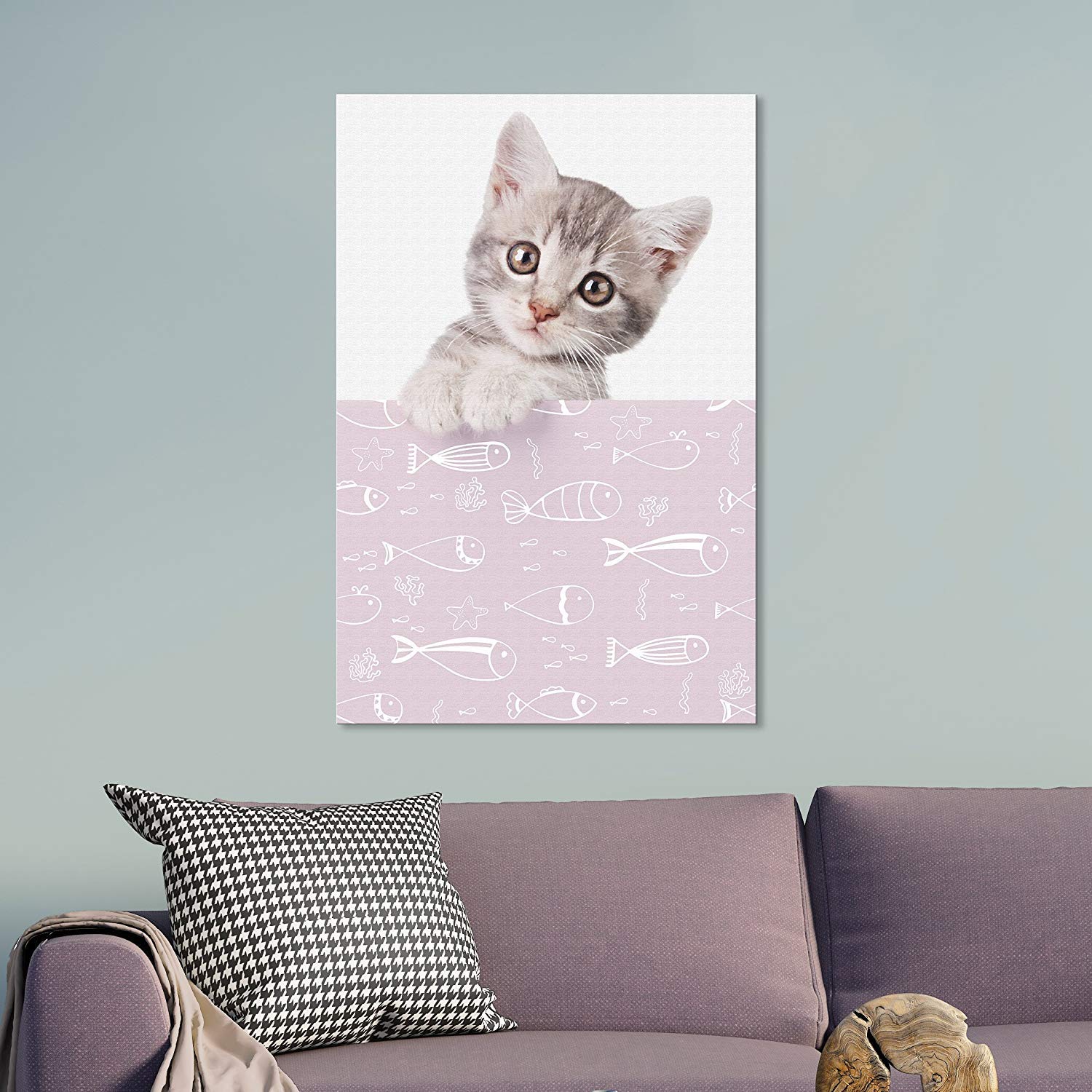 wall26 Canvas Wall Art - Cute Cat with Fish Patterns - Giclee Print ...