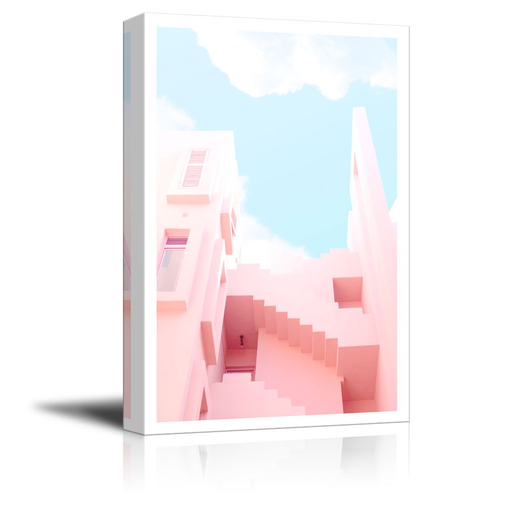 wall26 Canvas Wall Art - Drawing of Fresh Pink Color Tone Building with ...