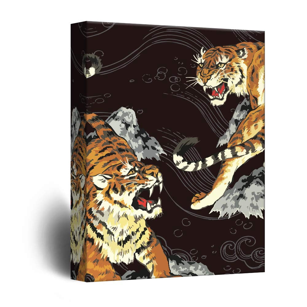 wall26 - Canvas Wall Art - Drawing of Two Angry Tigers on Black ...