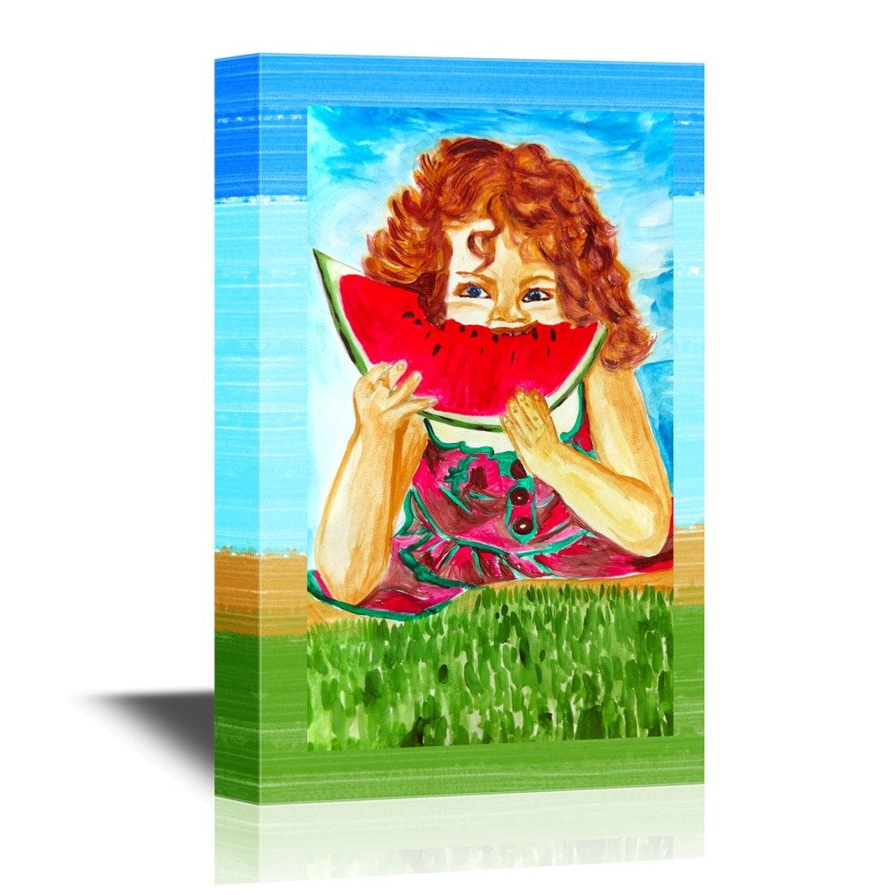 wall26 - Canvas Wall Art - Girl Eating a Watermelon Slice - Gallery Wrap Modern Home Art | Ready ...