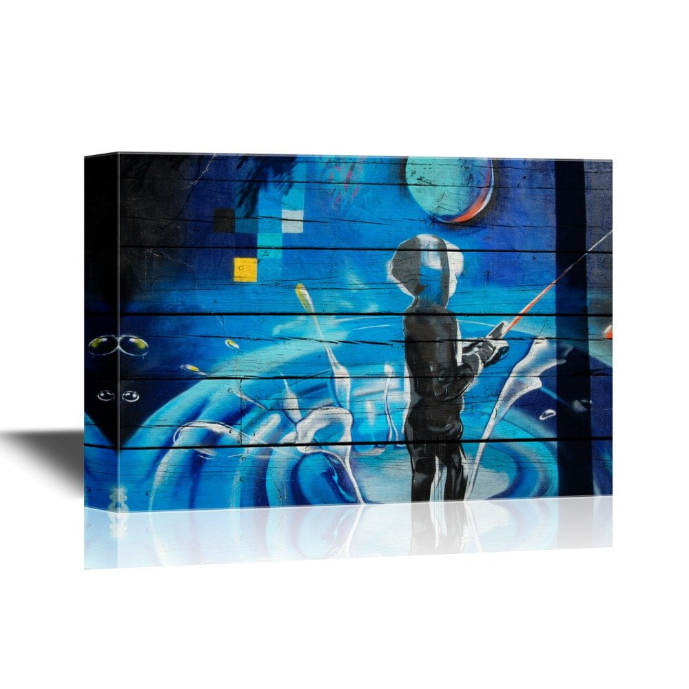 wall26 - Canvas Wall Art - Graffiti Featuring a Boy Fishing Under The ...