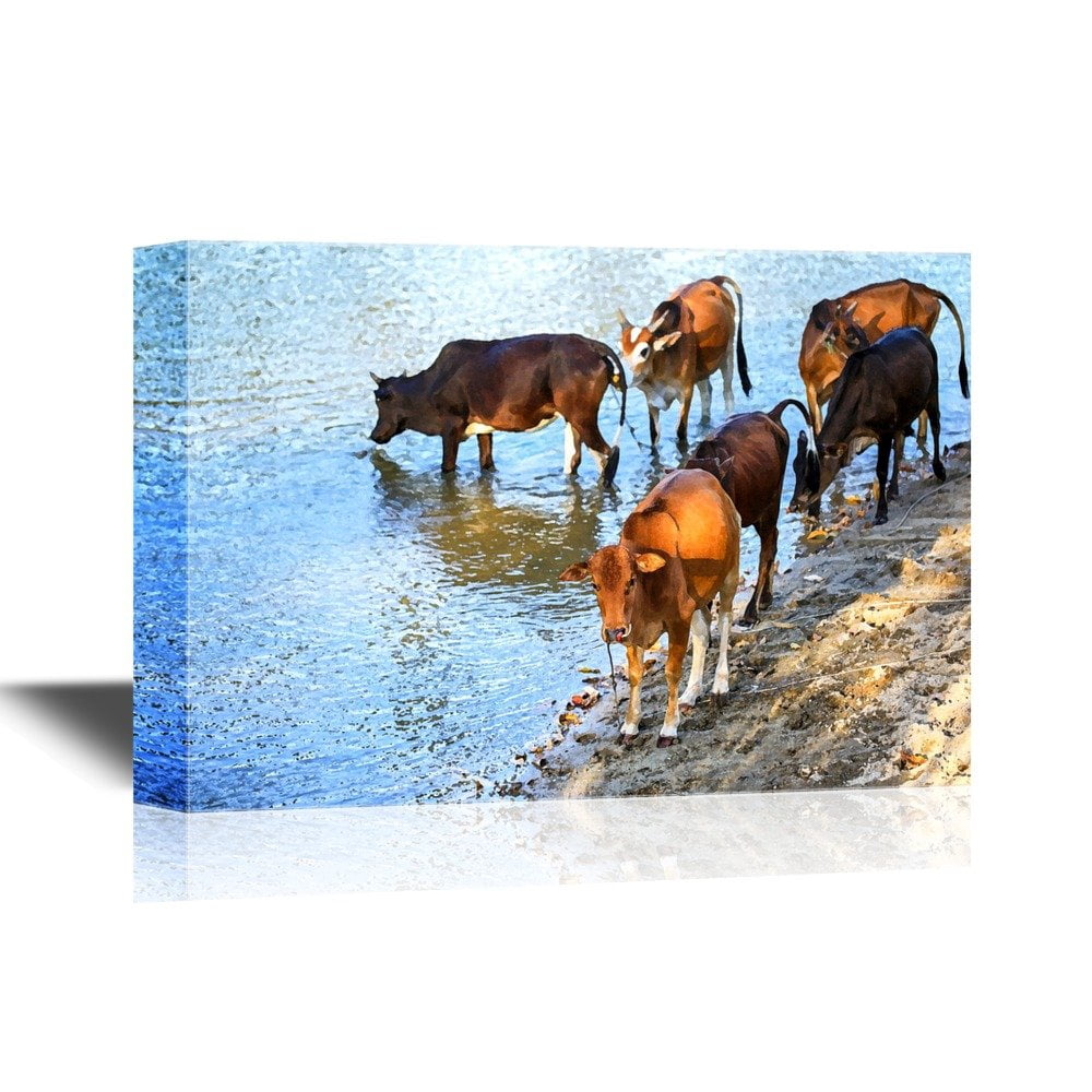 wall26 - Canvas Wall Art - Herds of Cows Drinking Water - Gallery Wrap ...