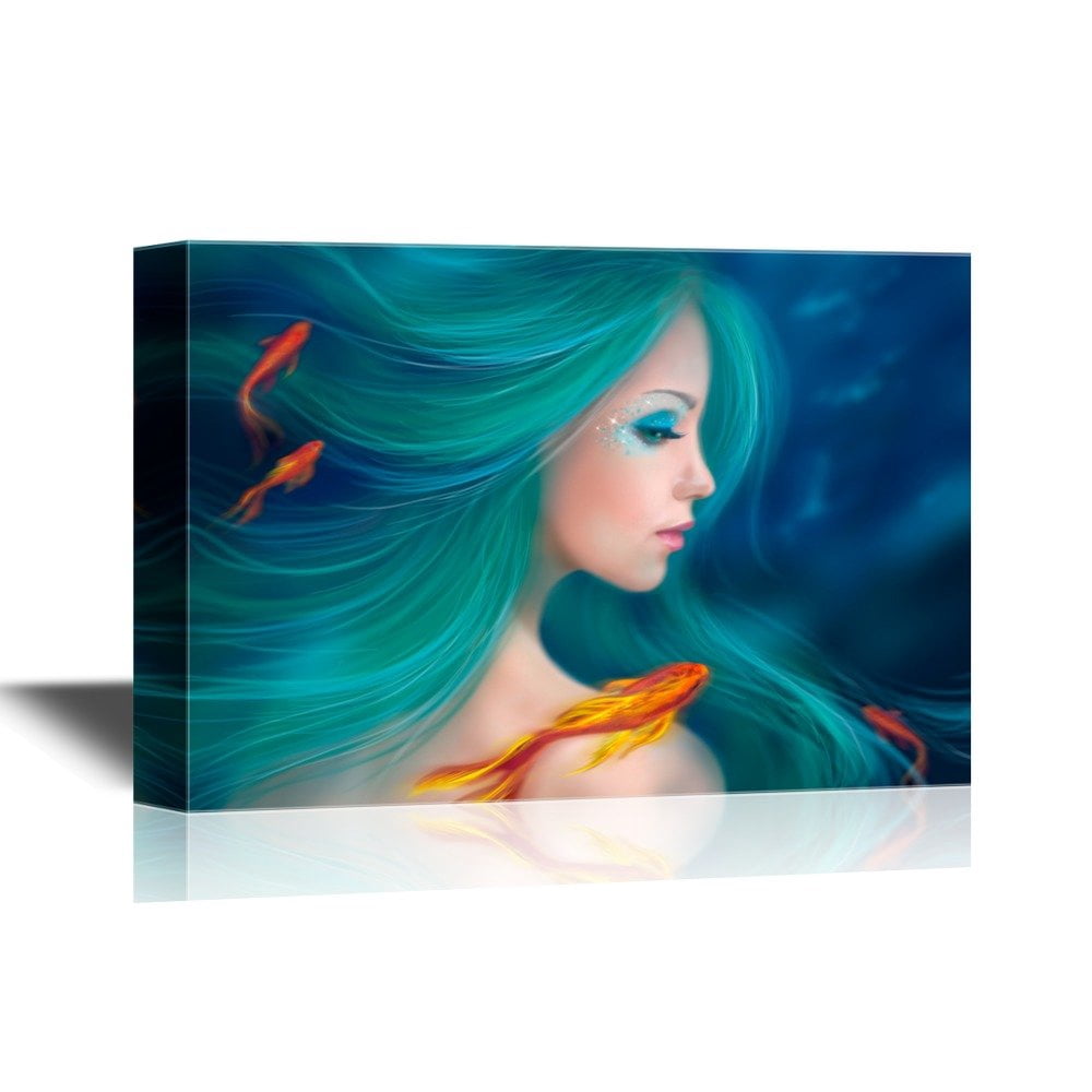 wall26 - Canvas Wall Art - Mermaid with Blue Hairs - Gallery Wrap ...