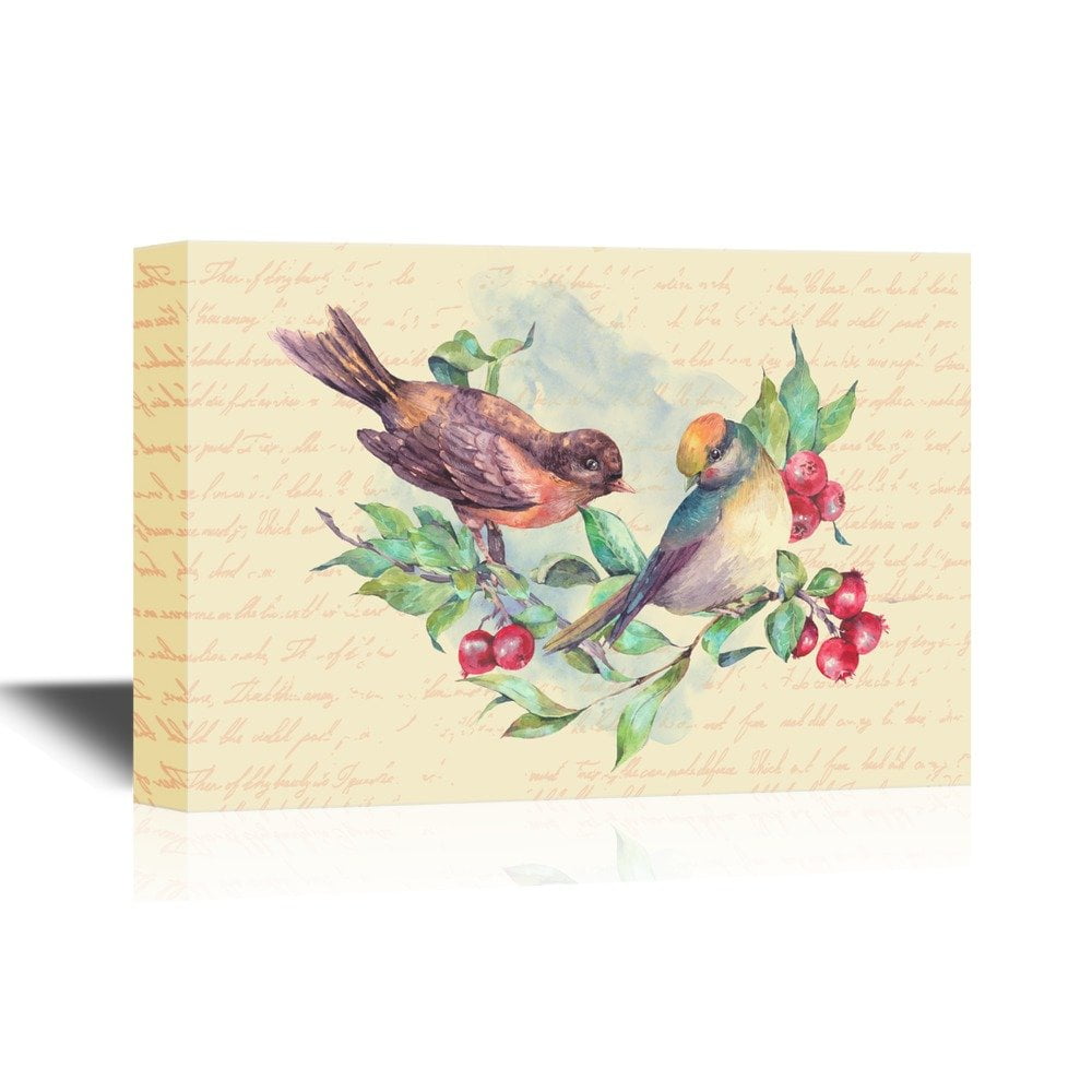 wall26 - Canvas Wall Art - Pair of Birds on a Branch with Red Berries ...