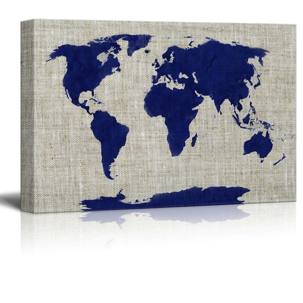 wall26 - Canvas Wll Art - Blue Worldmap on Burlap Feeling Background ...