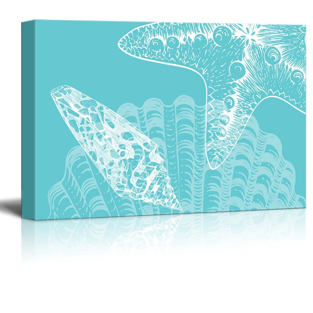 wall26 - Canvas Wll Art - Seashell and Starfish on Teal Ocean Theme ...