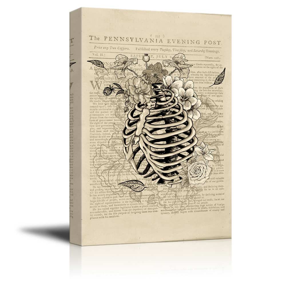 wall26 - Canvas Wll Art - Skeleton with Flowers on Vintage Newspaper ...