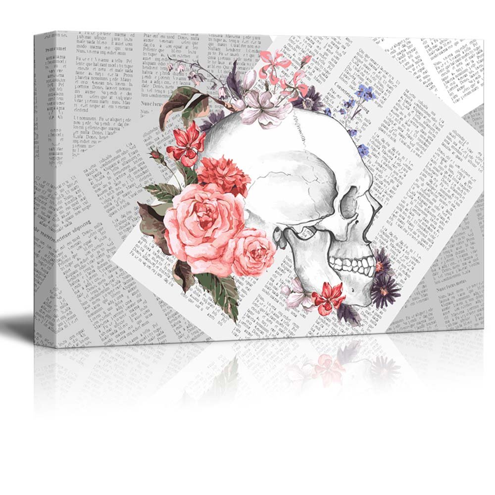 wall26 - Canvas Wll Art - Skull with Flowers on Vintage Newspaper ...