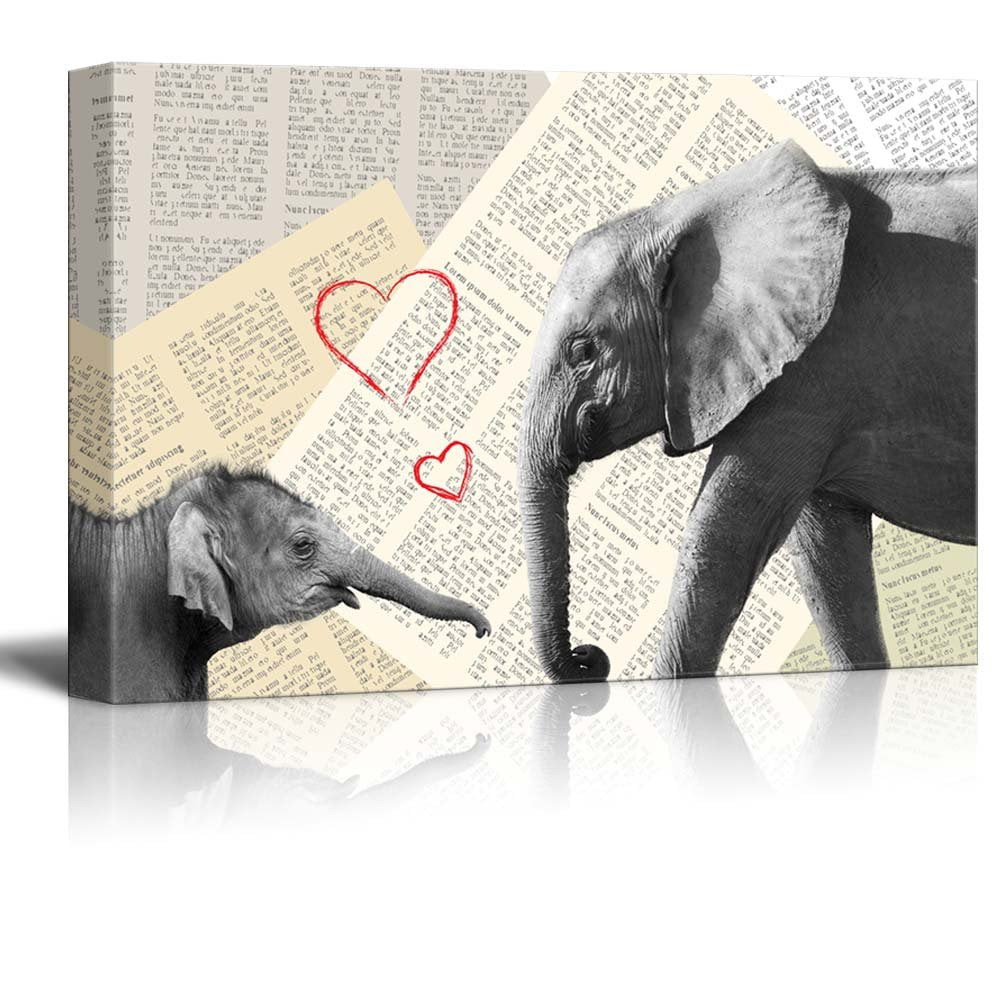 wall26 - Canvas Wll Art - Two Elephants on Vintage Newspaper Background ...