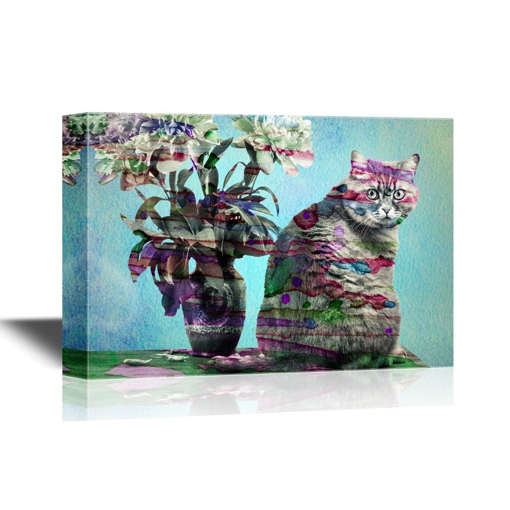 wall26 - Cats Canvas Wall Art - Cat and a Vase - Gallery Wrap Modern ...