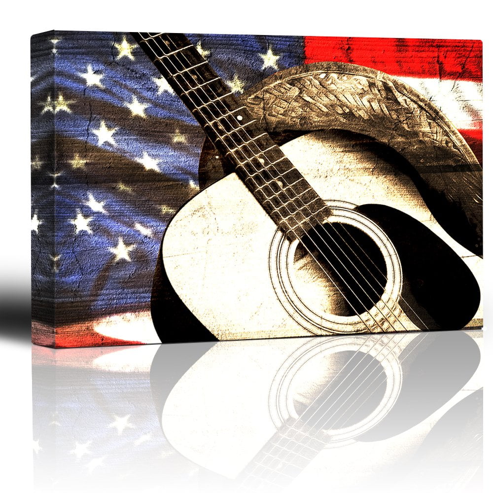 wall26 - Cowboy hat and Guitar on Patriotic Flag Background - Woodgrain ...