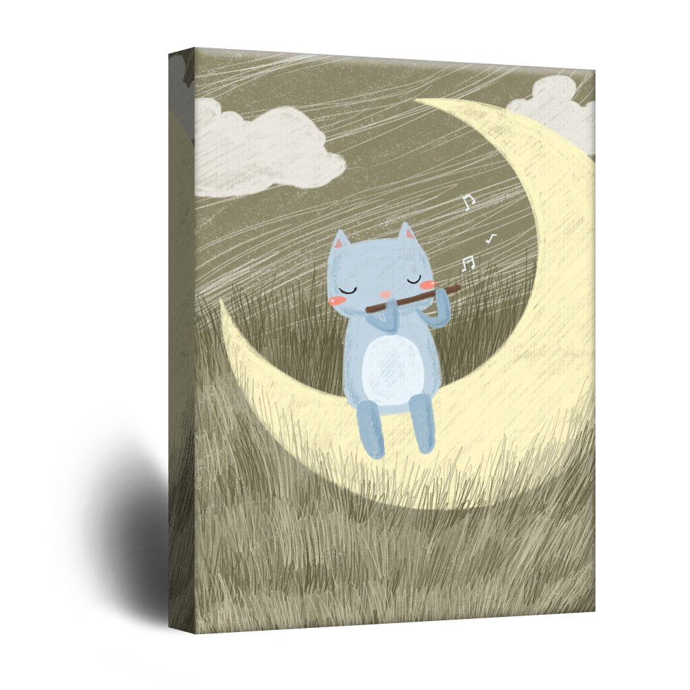 wall26 Cute Cartoon Animals Canvas Wall Art - A Cat Playing Flute on ...