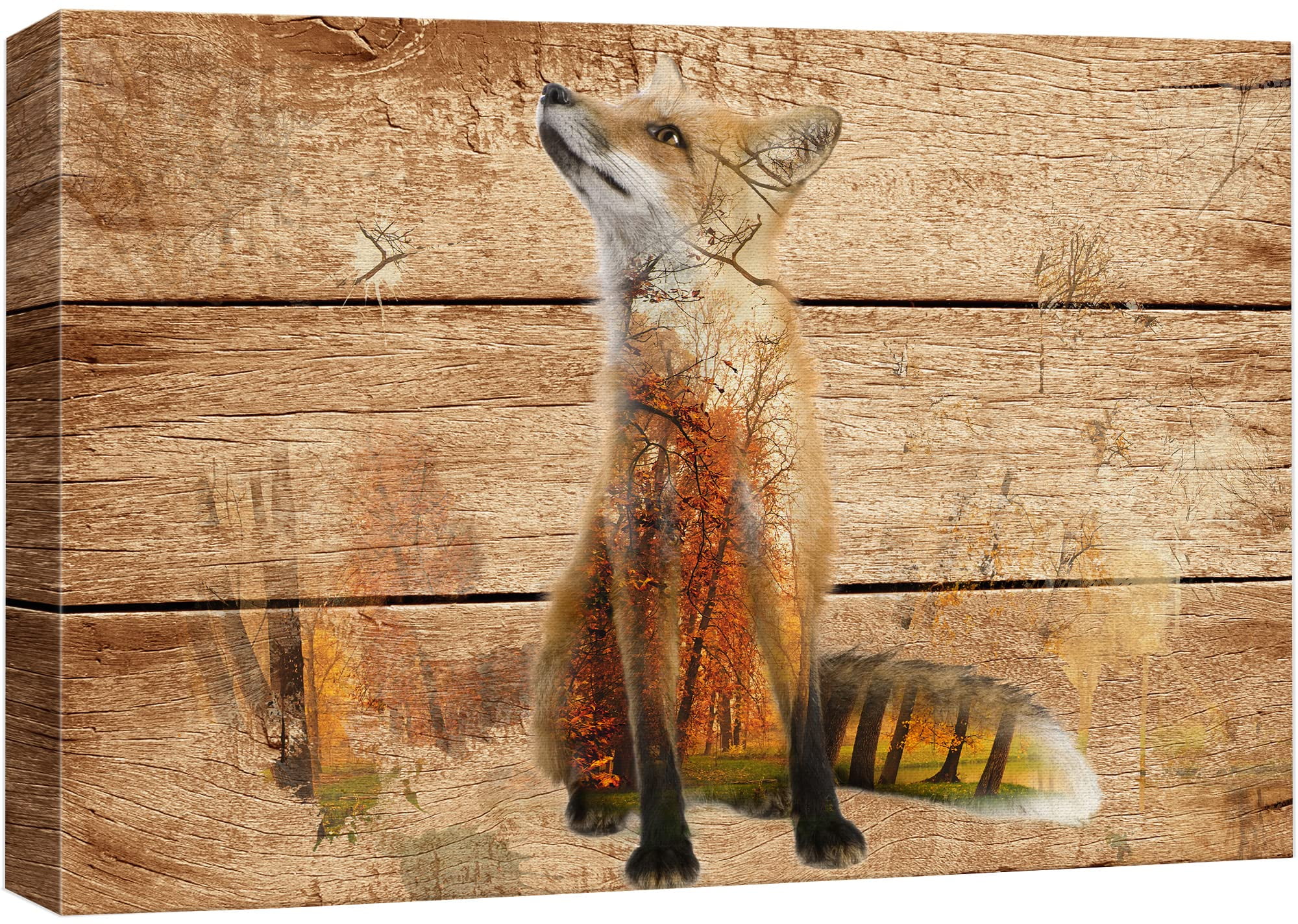 wall26 - Double Exposure Rustic Canvas Wall Art - Fox in The Wild on ...
