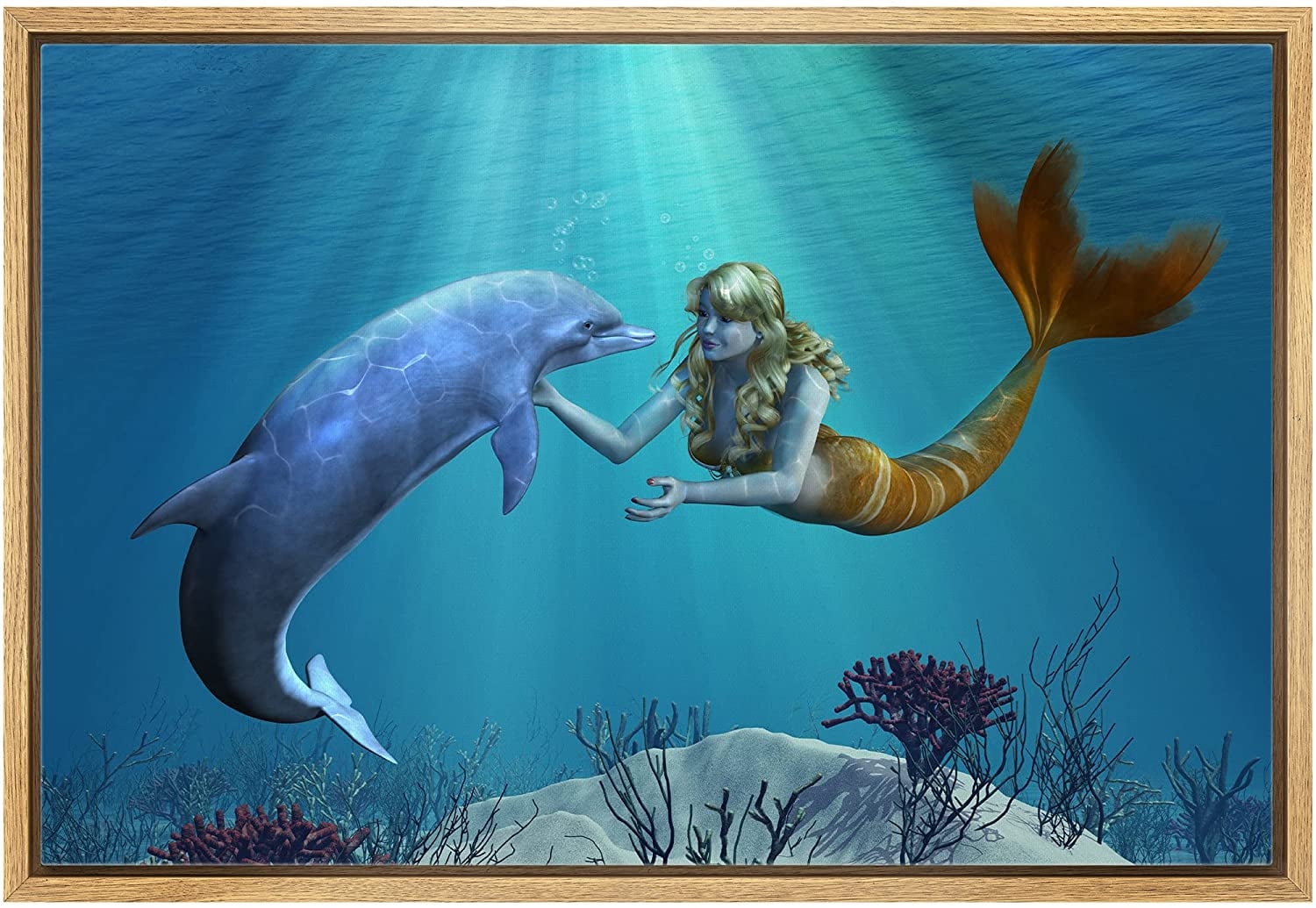 wall26 Framed Canvas Print Wall Art 3D Dolphin and Mermaid Under The ...