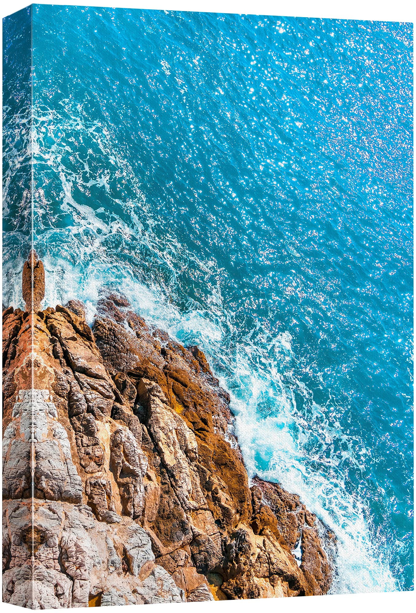 wall26 Framed Canvas Print Wall Art Aerial View of Blue Waves & Rock ...