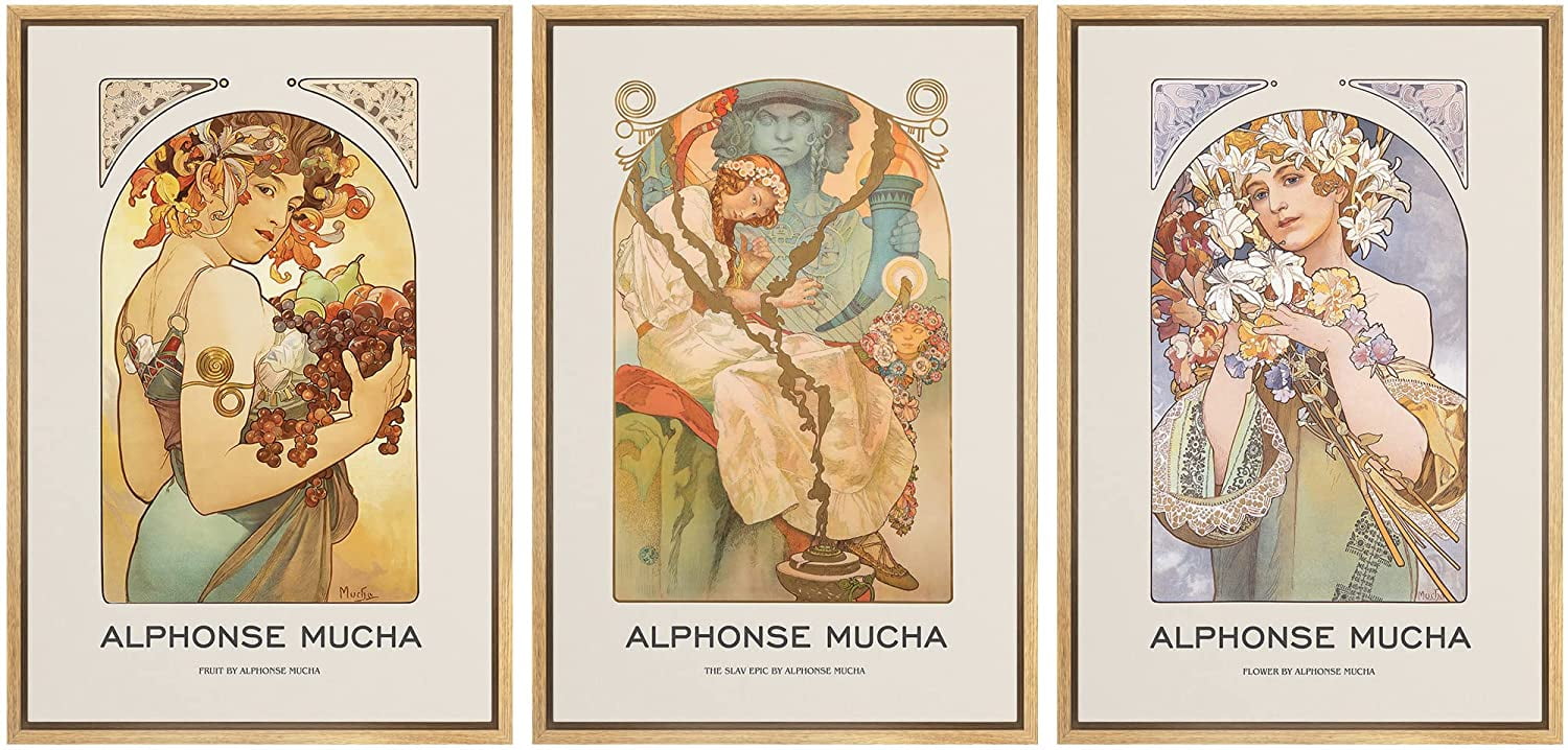 wall26 Framed Canvas Print Wall Art Set Alphonse Mucha Art Deco Flower ...