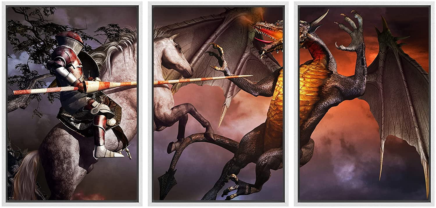 wall26 Framed Canvas Print Wall Art Set Armored Knight Jousting Magic Dragon Fantasy & Sci-Fi ...