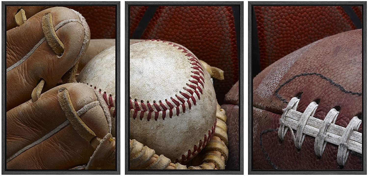 wall26 Framed Canvas Print Wall Art Set Baseball, Mitt, Football ...