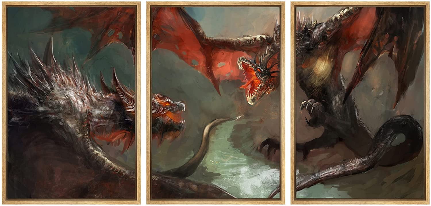 wall26 Framed Canvas Print Wall Art Set Dueling Mystic Ancient Dragons ...