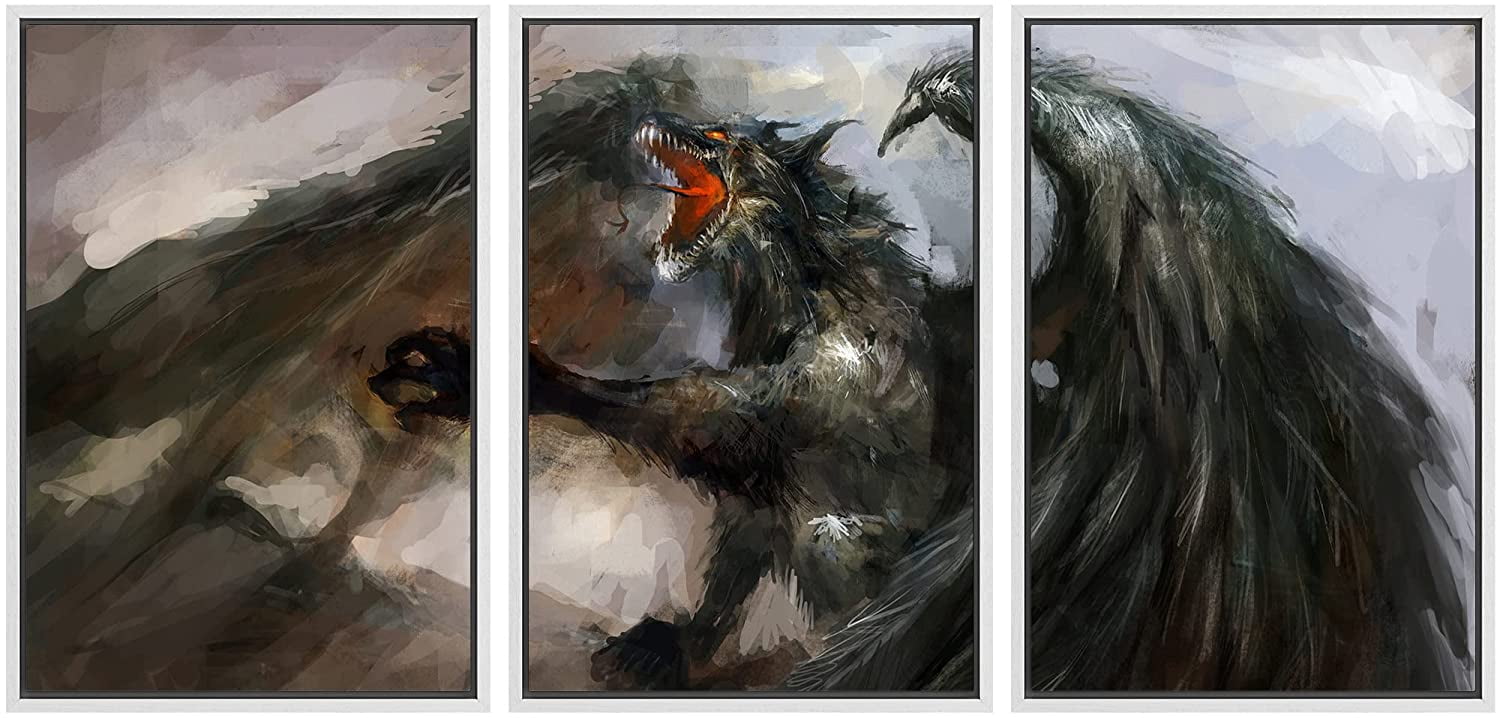 wall26 Framed Canvas Print Wall Art Set Feathered Winged Dark Dragon ...
