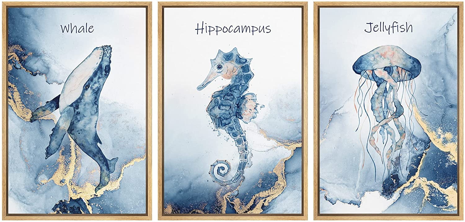 wall26 Framed Canvas Print Wall Art Set Gold Blue Ocean Whale Seahorse ...