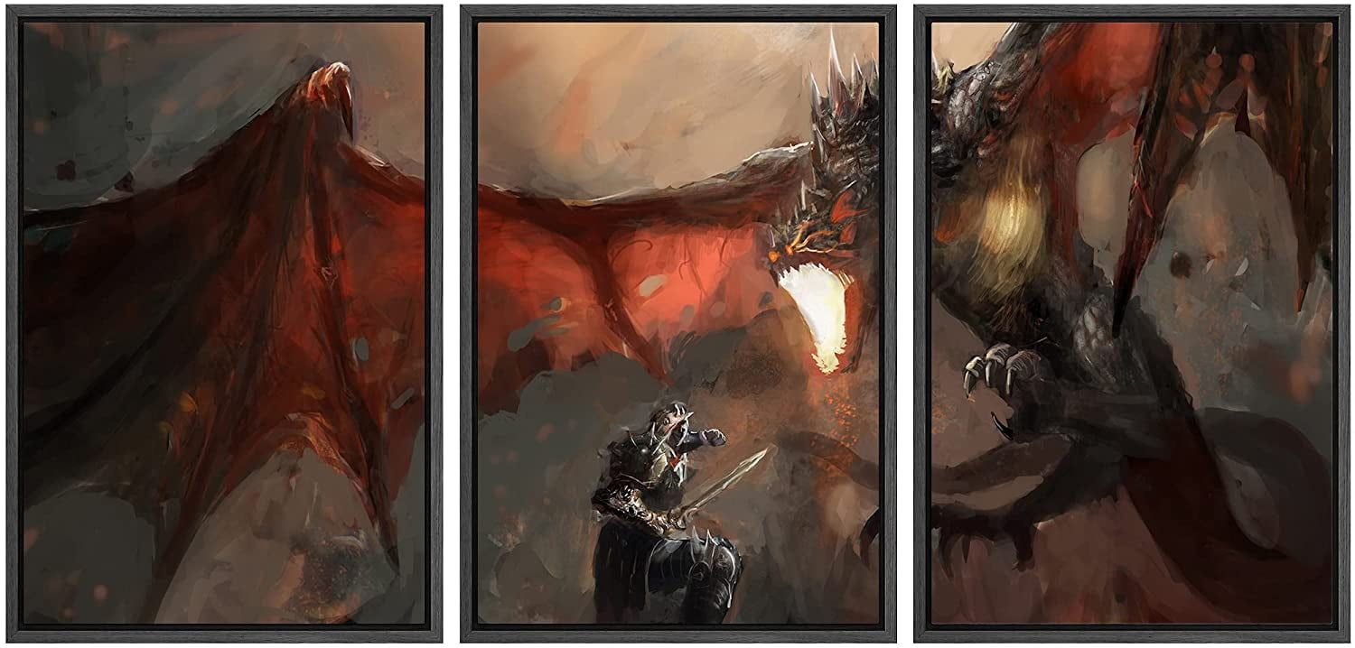 wall26 Framed Canvas Print Wall Art Set Knight Fighting Fire Breathing ...