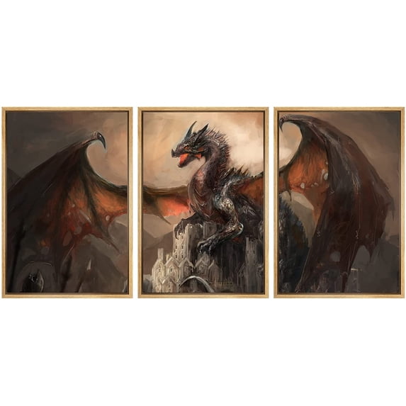 wall26 Framed Canvas Print Wall Art Set Mystic Dragon Captures Castle ...