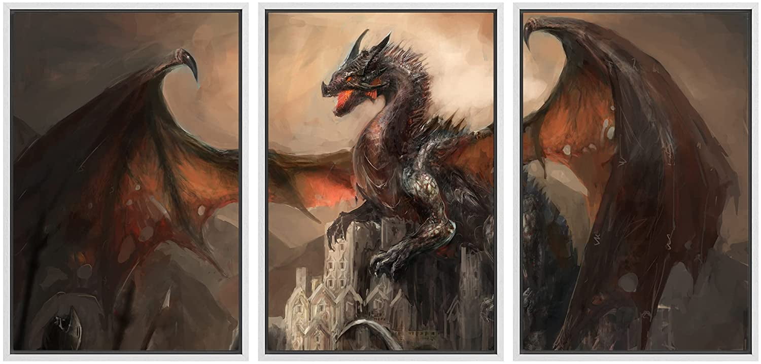 wall26 Framed Canvas Print Wall Art Set Mystic Dragon Captures Castle ...