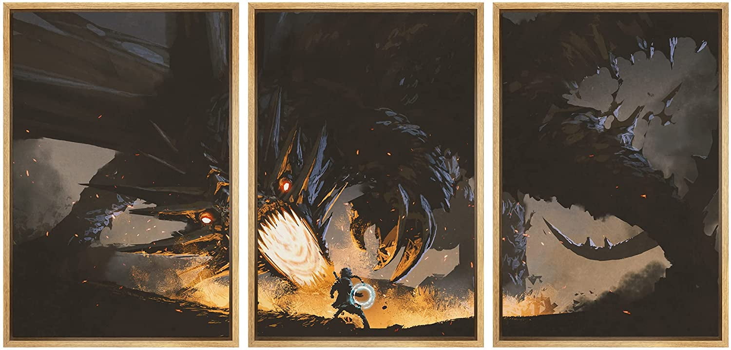 wall26 Framed Canvas Print Wall Art Set Mystic Fire Breathing Dragon ...