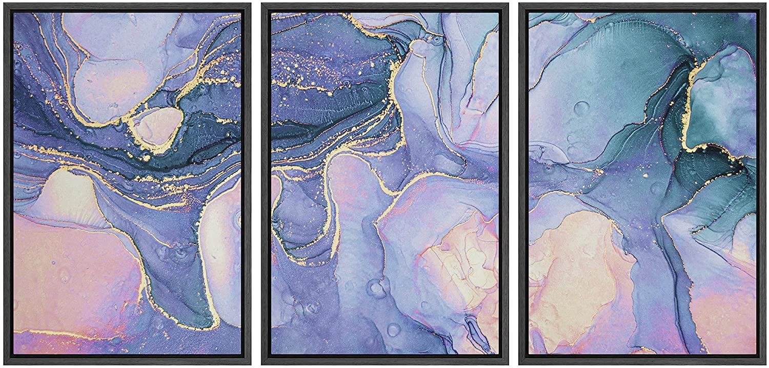 wall26 Framed Canvas Print Wall Art Set Purple Gold Smoke Wave Clouds Abstract Shapes ...