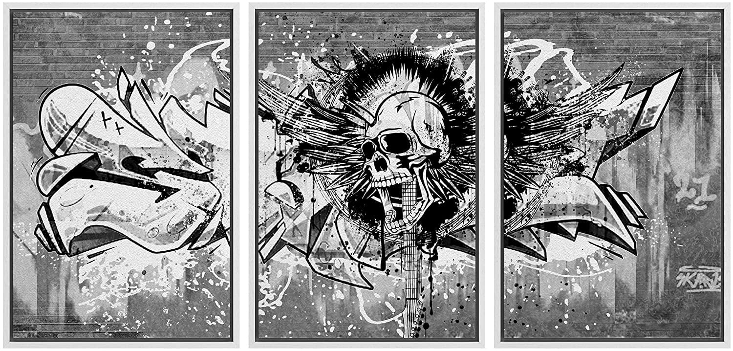 wall26 Framed Canvas Print Wall Art Set Spray Paint Rock 'N Roll Skull ...