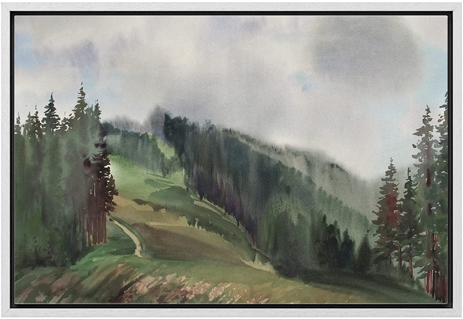 wall26 Framed Canvas Print Wall Art Watercolor Pine Tree Mountain Range ...