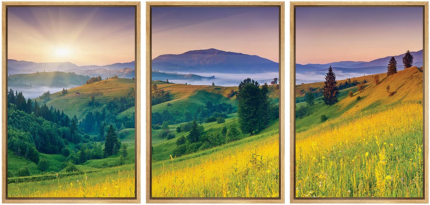 wall26 Framed Canvass Print Wall Art Set Sun Over Green Mountain Range ...