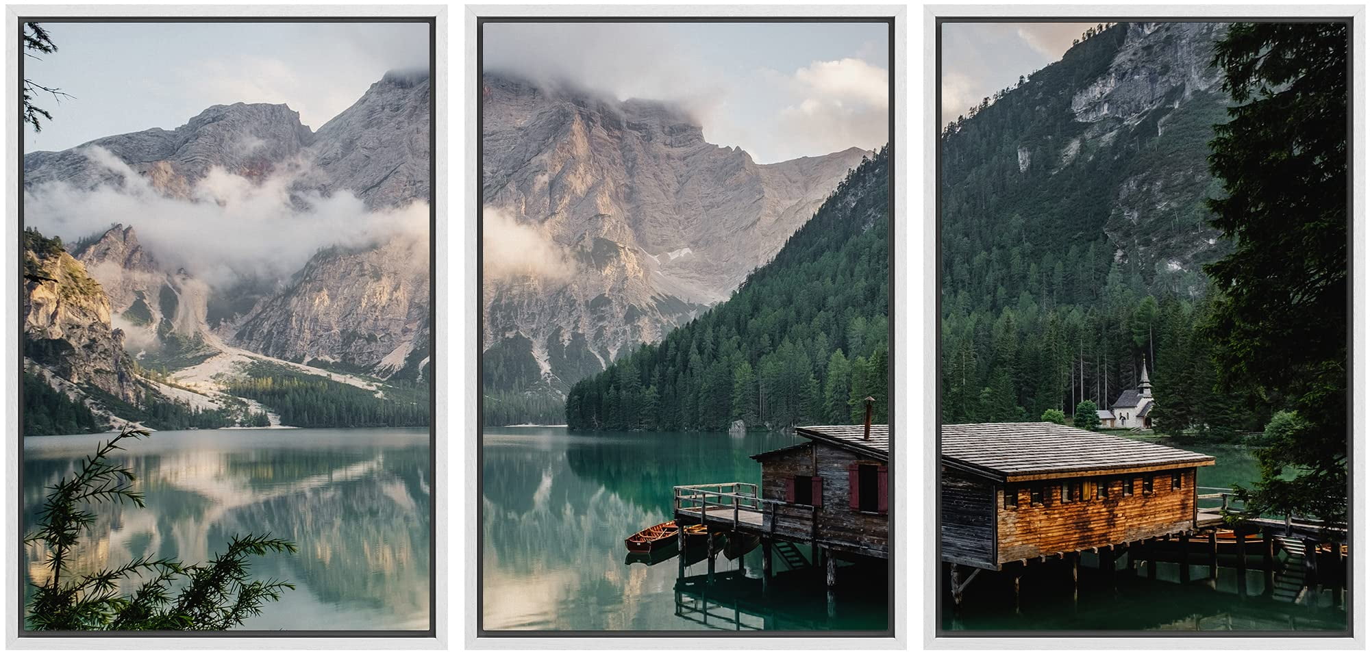 wall26 Framed Wall Art Print Set Cabin on Cloudy Forest Lake Nature ...