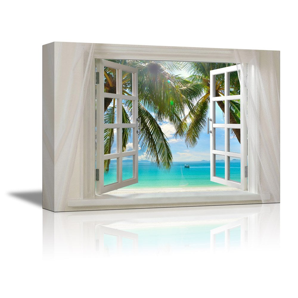wall26 Glimpse into Beautiful Tropical Beach with Palm Tree Out of Open ...