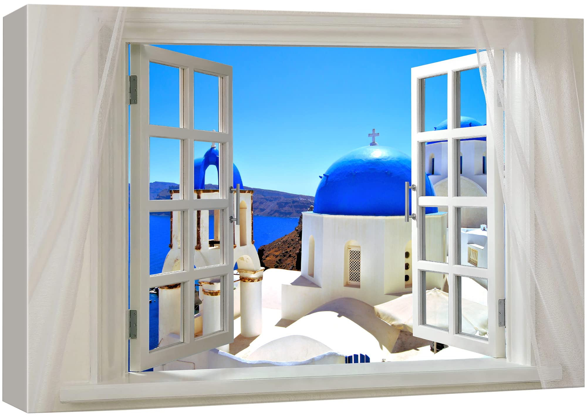wall26 Glimpse into Blue Domed Churches in Santorini Greece Out of Open ...