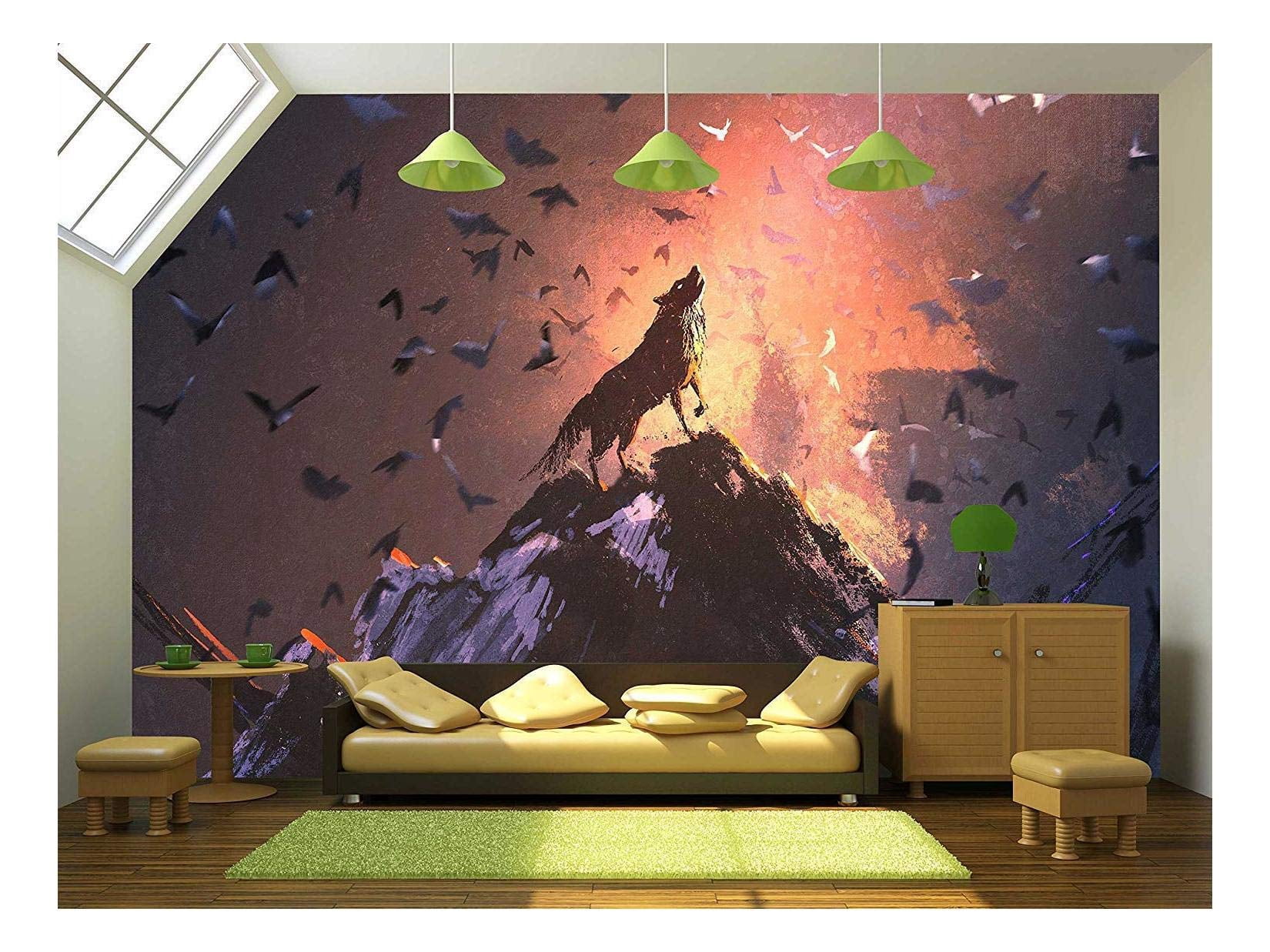 wall26 - Howling Wolf on Rock with Bird Flying Around,Illustration ...